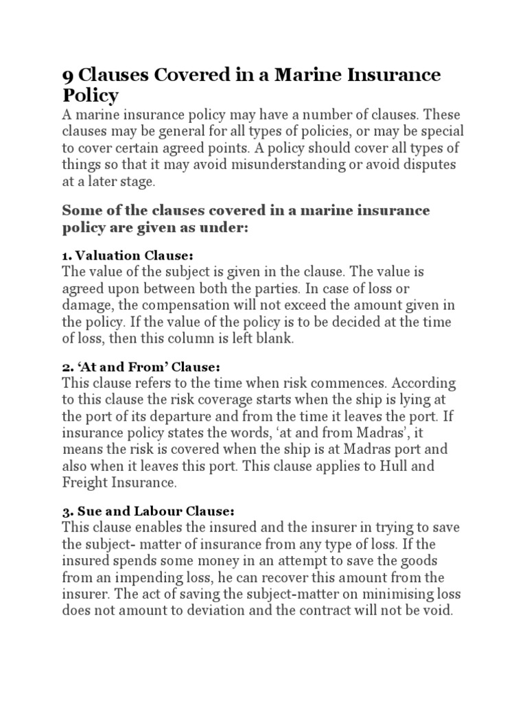 9 Clauses Covered in A Marine Insurance Policy | PDF | Insurance Policy ...