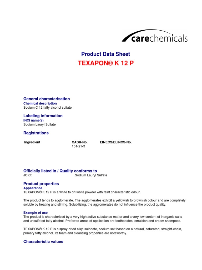 Texapon K 12 P | PDF | Solubility | Sodium Chloride