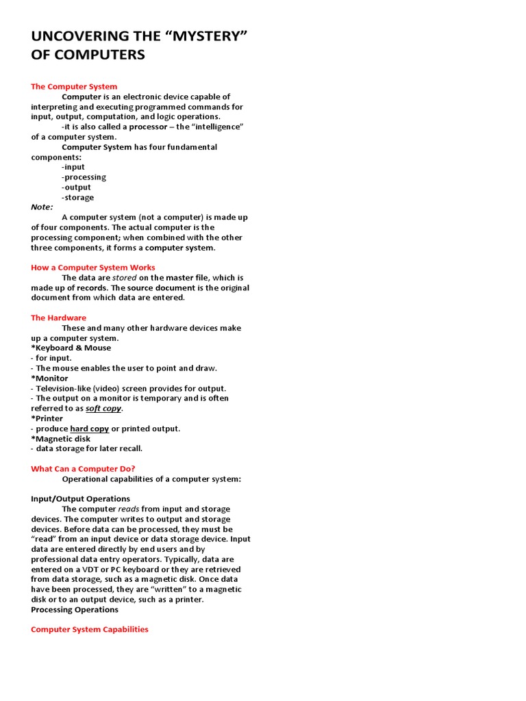 Lesson 1 - Uncovering The Mystery of Computers | PDF | Input/Output ...
