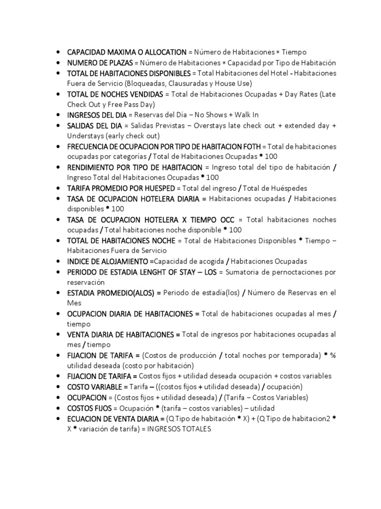 Formulas de Hoteleria | PDF | Hotel | Alojamientos Turisticos