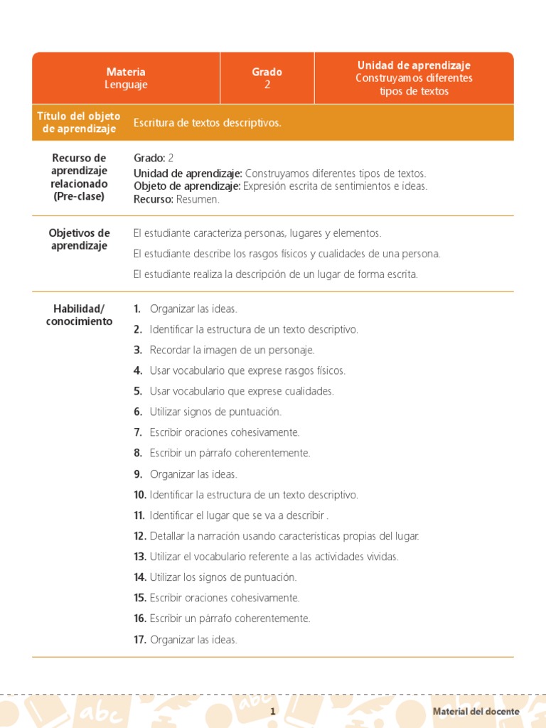 GUÍA DBA 5 Escritura de Textos Descriptivos | PDF | Aprendizaje | Narrativa