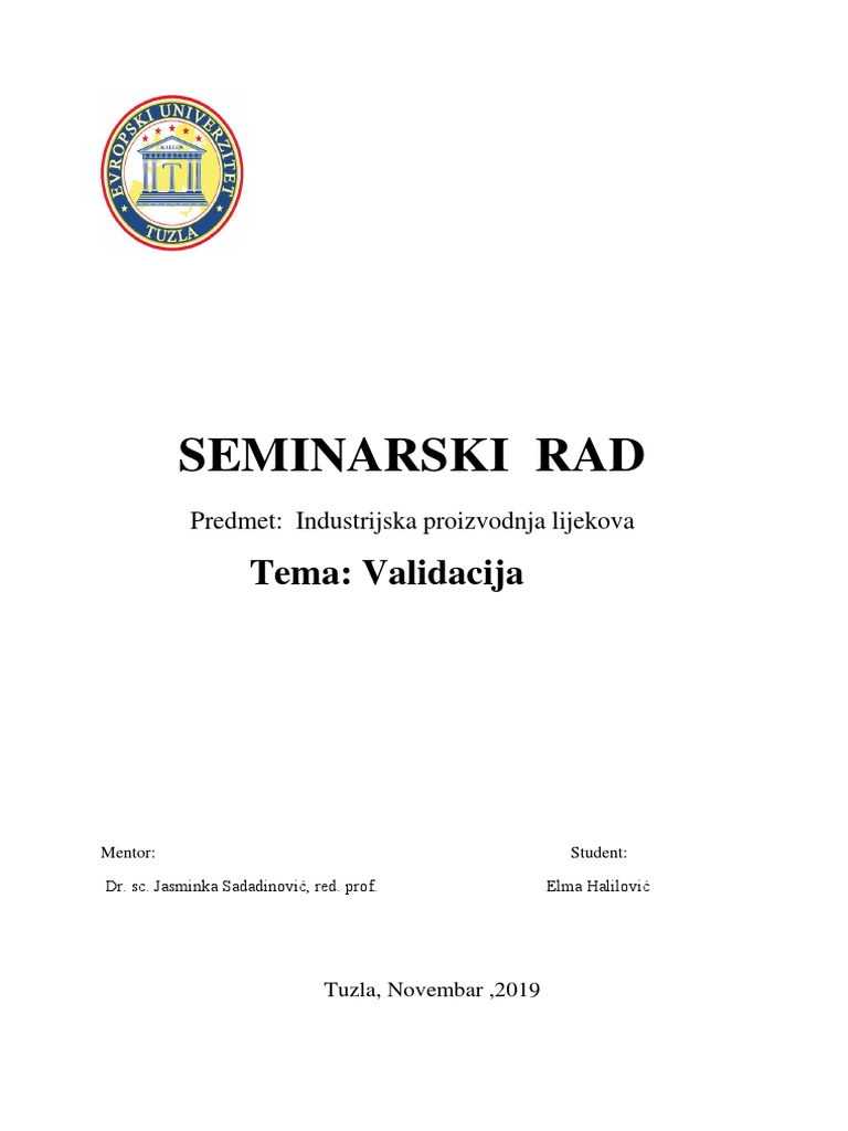 Seminarski Rad Industrijska Proizvodnja Lijekoba Validacija | PDF