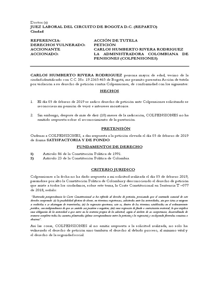 Tutela Contra Colpensiones | PDF | Petición | Caso de ley