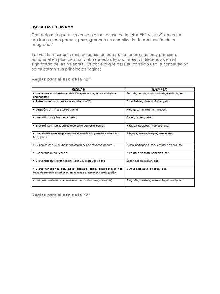 Reglas del uso de B y V en español | PDF | Ortografía | Sílaba