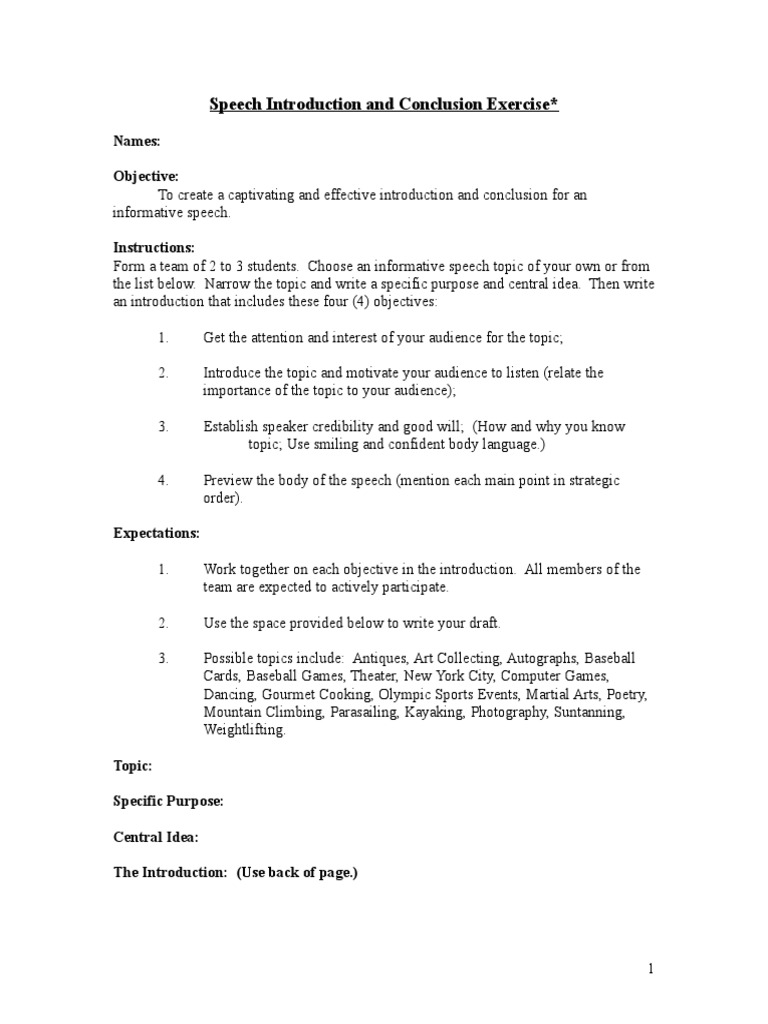 Speech Introduction and Conclusion Exercise SPG 20061 | PDF | Human ...