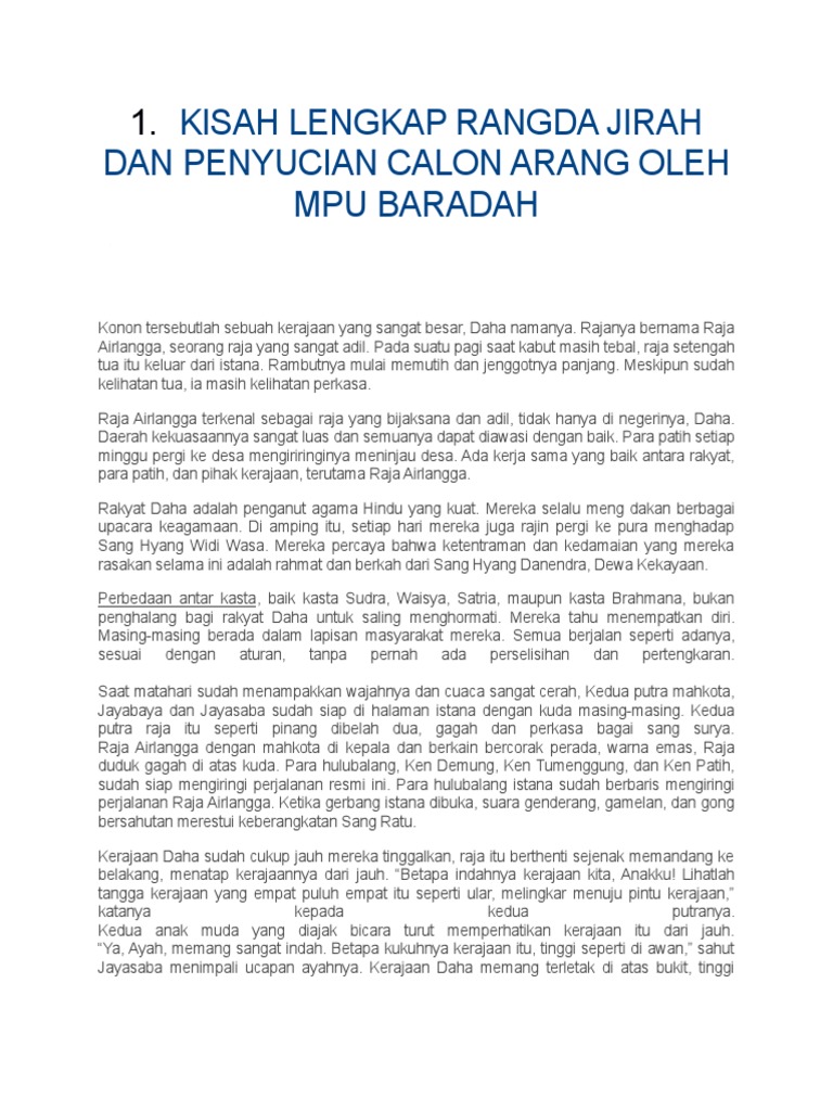 Kisah Lengkap Rangda Jirah Dan Penyucian Calon Arang Oleh Mpu Baradah | PDF