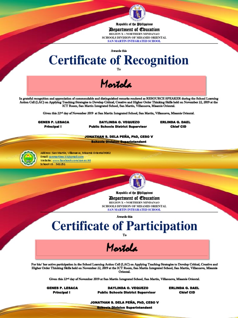 Certificate of Recognition and participation-SLAC | PDF | Educational ...