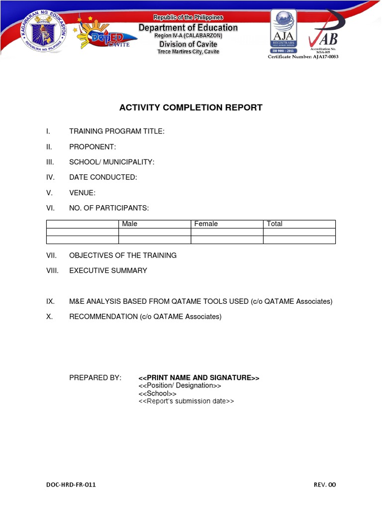 HRD - Training Completion Report Template | PDF