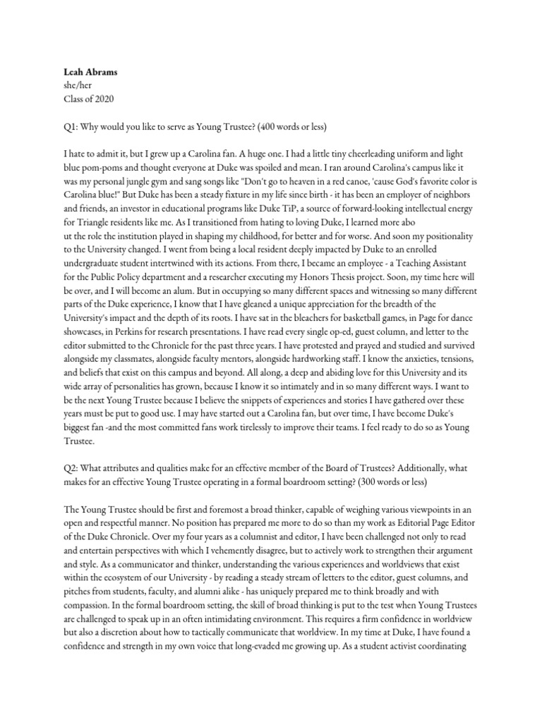 Leah Abrams YT Application | PDF | Duke University | Business