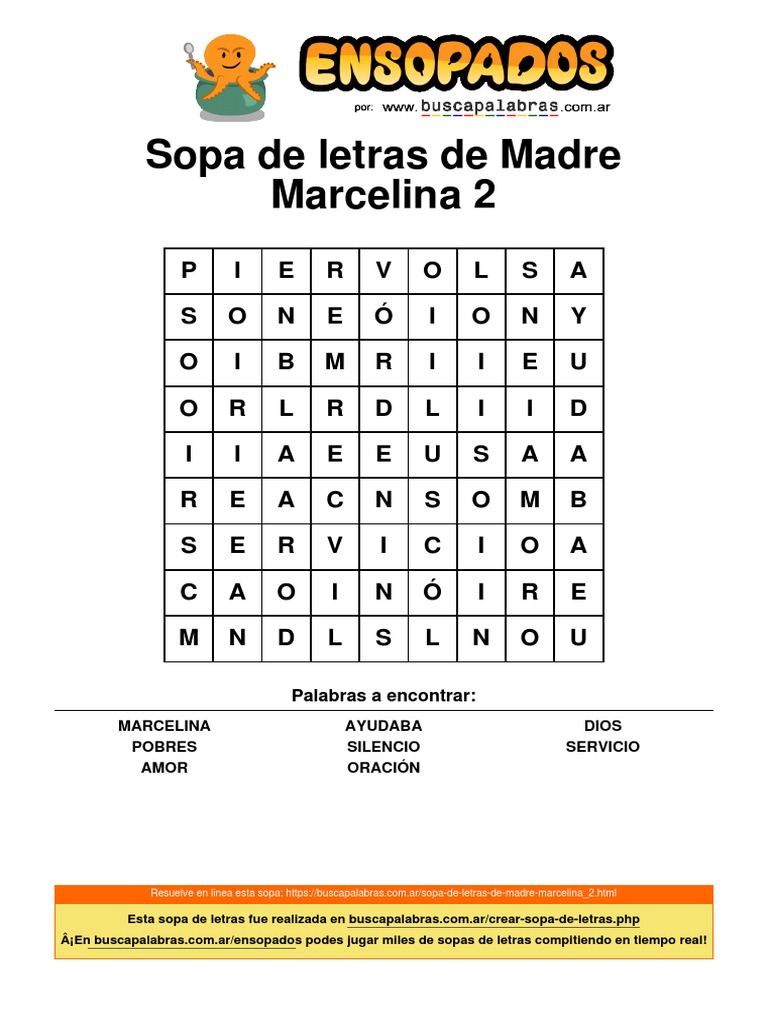 Sopa de Letras de Madre Marcelina - 2 | PDF