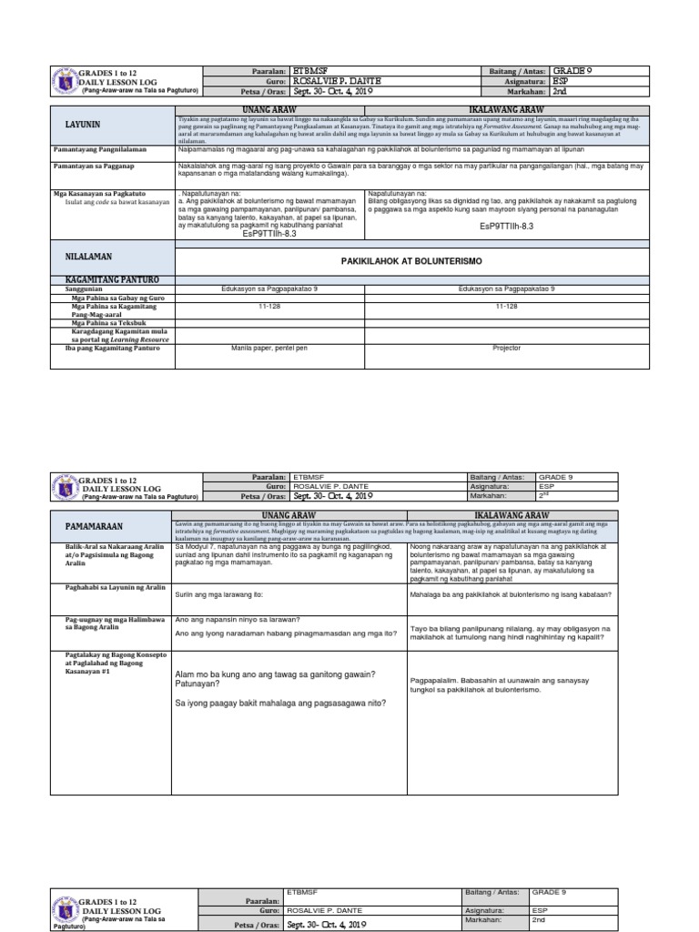 Esp 9 DLL Week (9-19-19) | PDF