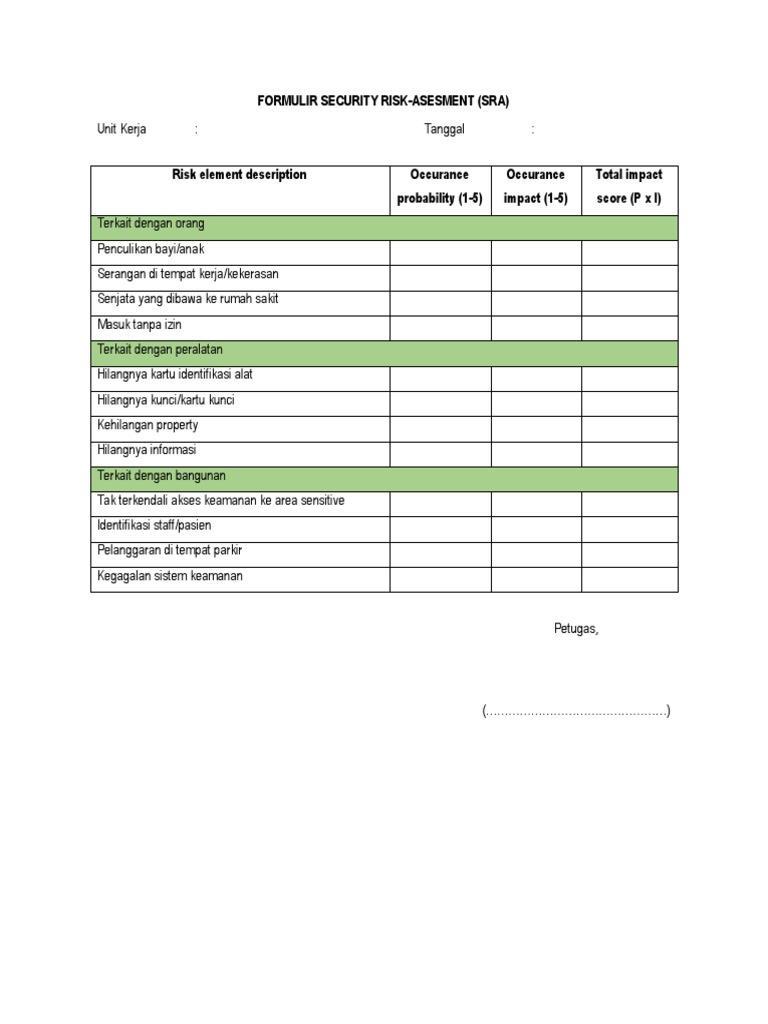 Formulir Security Risk Assessment (Sra) | PDF