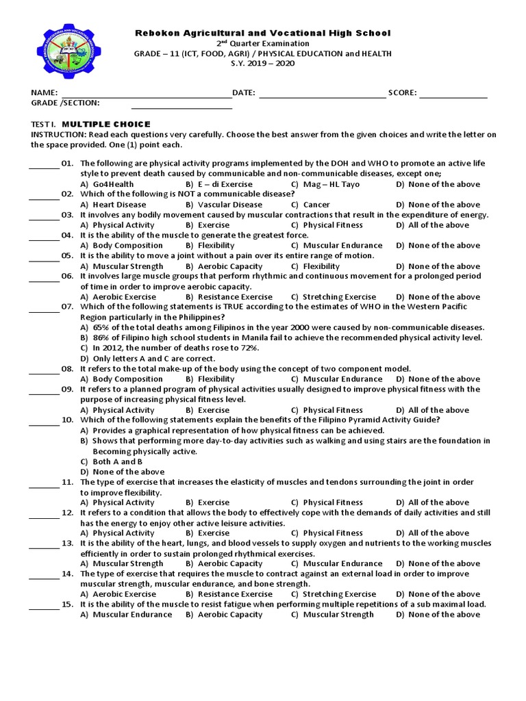 Physical Education Exam Quarter 2 | PDF | Strength Training ...