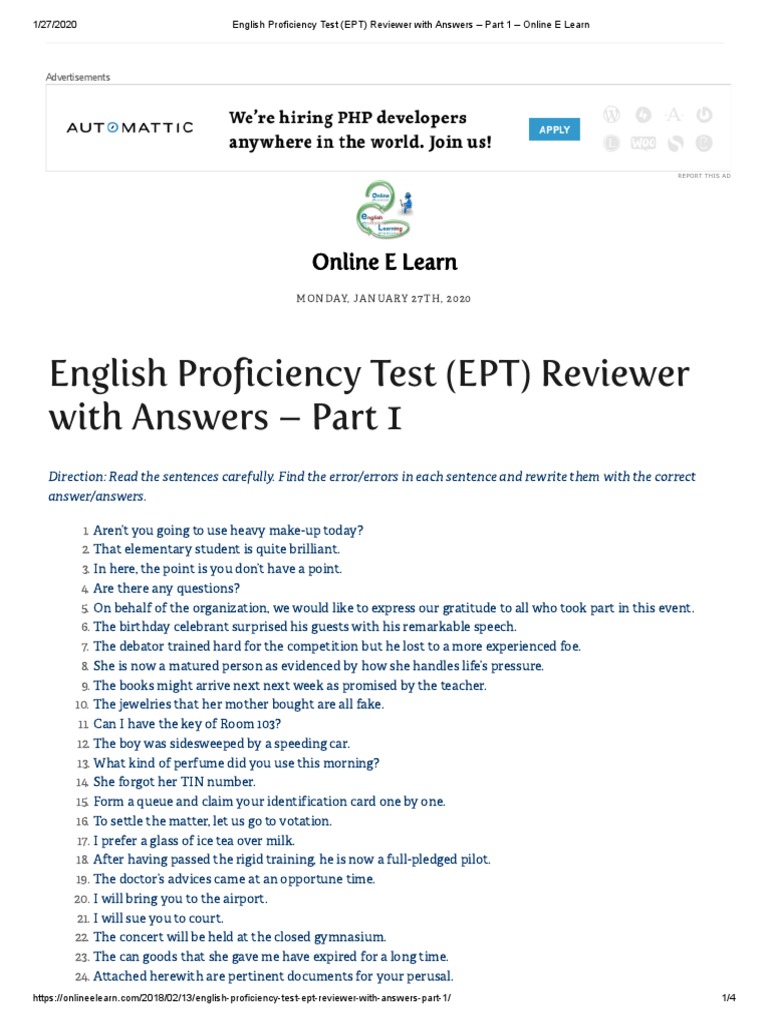 English Proficiency Test (EPT) Reviewer With Answers - Part 1 - Online ...