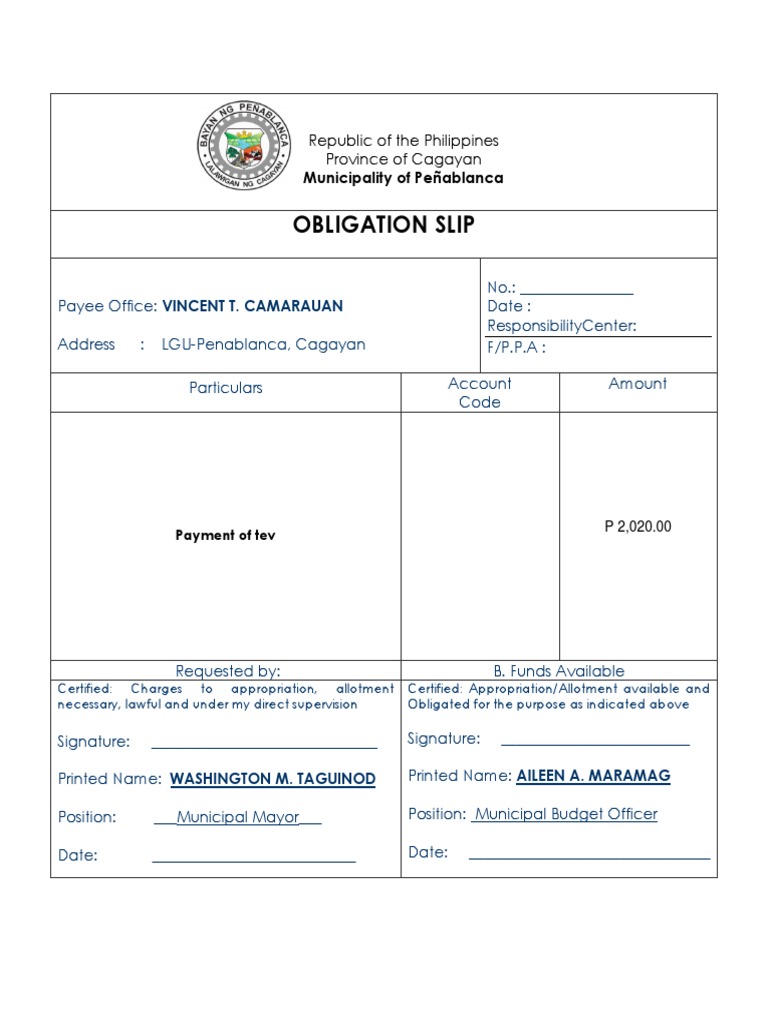Obligation Slip | PDF | Payments | Private Law