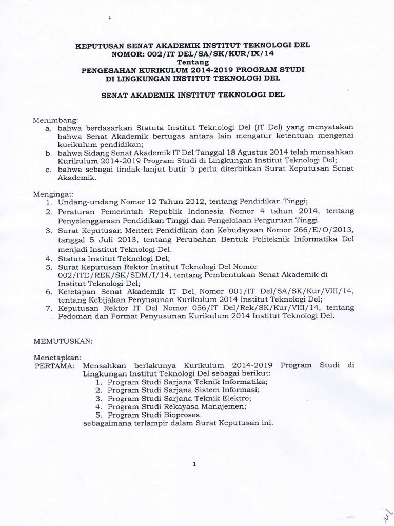 Surat Keputusan Senat Akademik IT Del Tentang Pengesahan Kurikulum ...