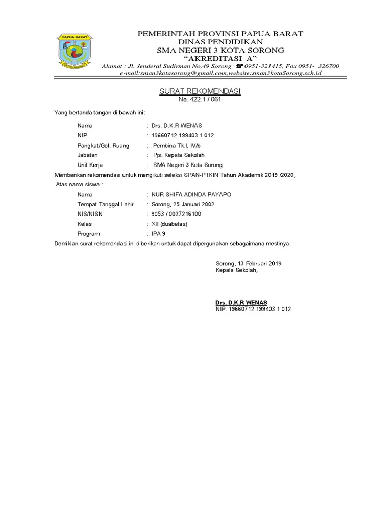 Surat Rekomendasi Masuk Perguruan Tinggi | PDF