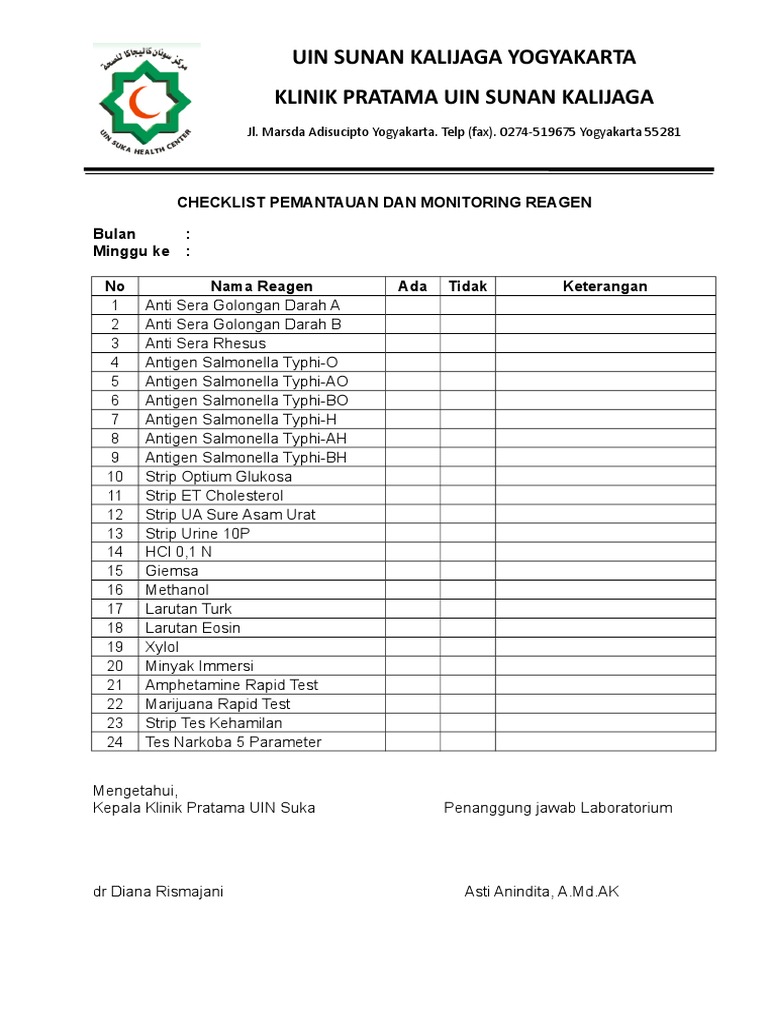 Ceklist Monitoring Reagen & Alat Lab