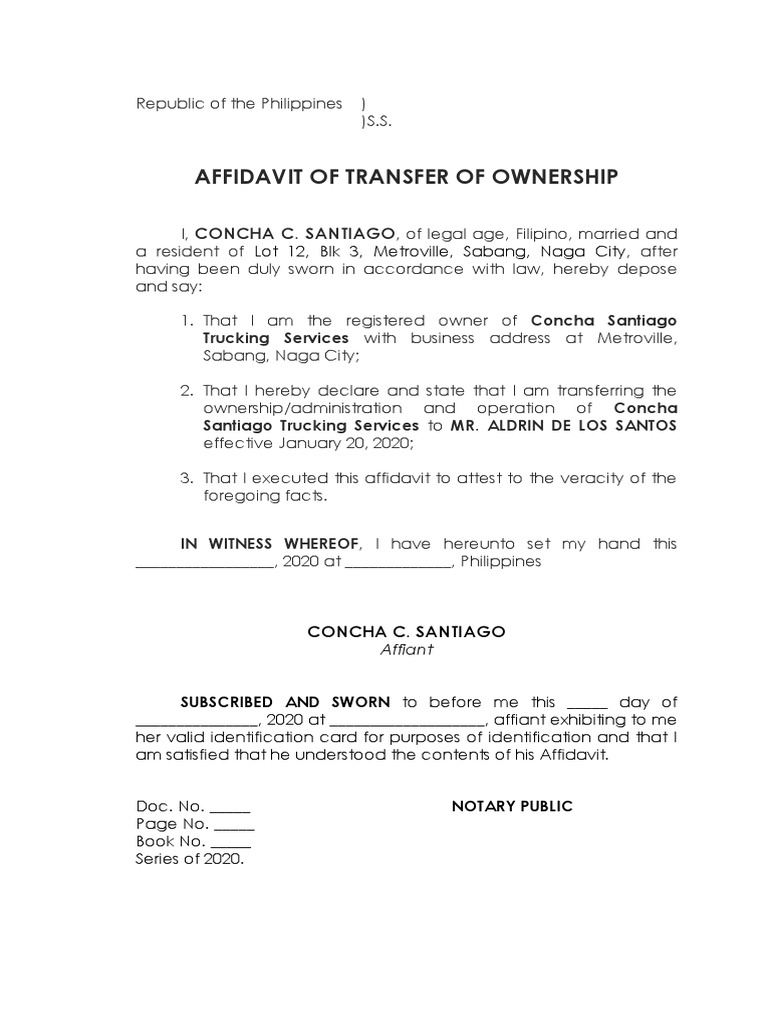 Affidavit of Transfer of Ownership | PDF
