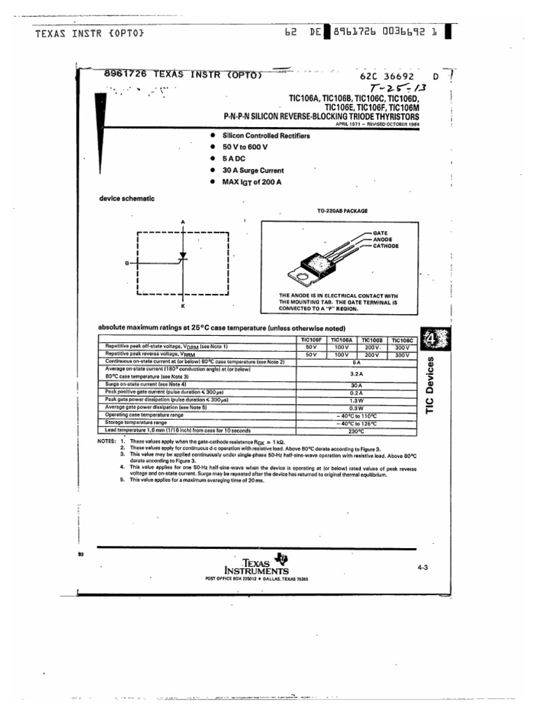 TIC106D and TIC106M Datasheets | PDF | Computers
