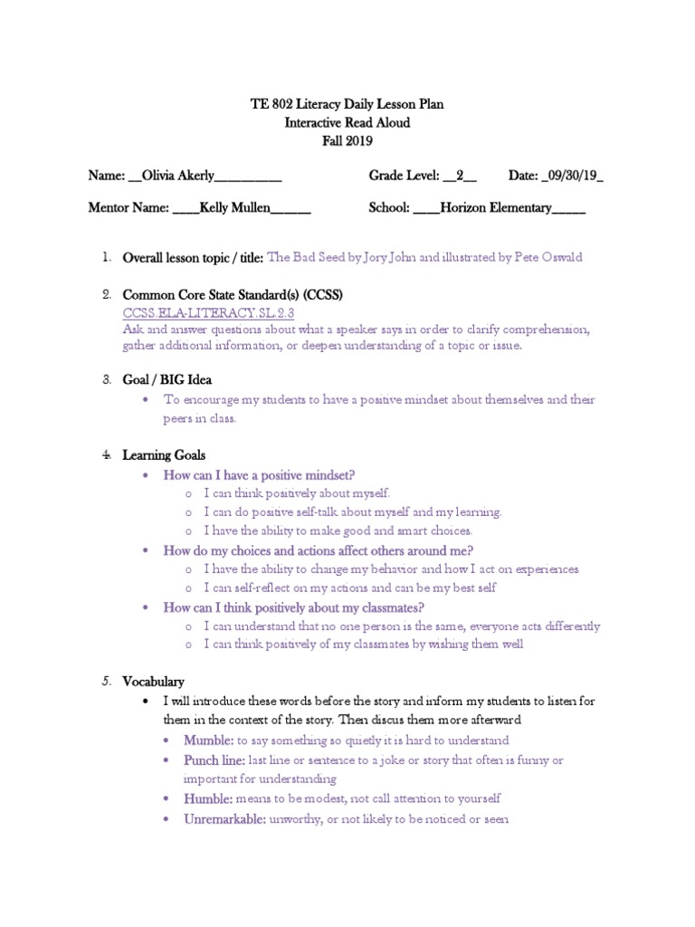 Interactive Read Aloud The Bad Seed | PDF | Lesson Plan | Reading ...