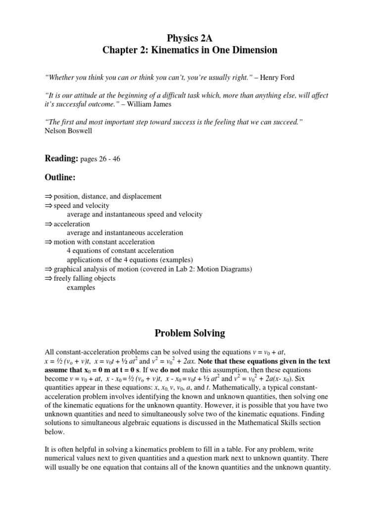 Chapter 2 - Kinematics One Dimension | PDF | Equations | Velocity