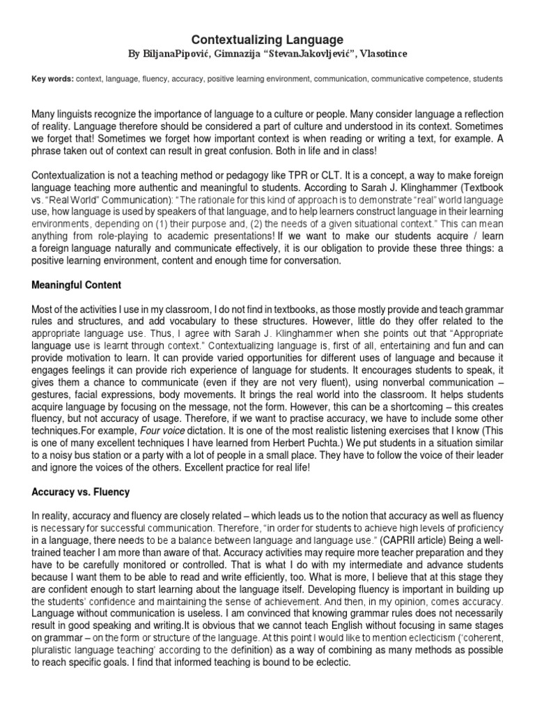 Contextualizing Language in Teaching | PDF | Language Education | Fluency
