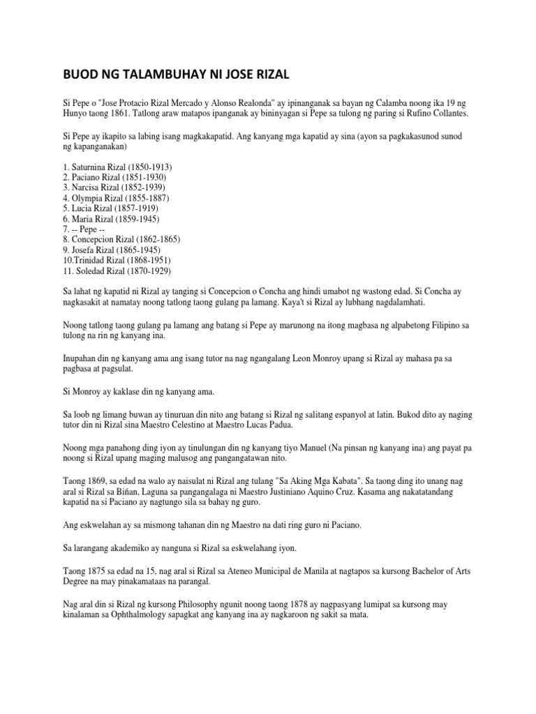 Buod NG Talambuhay Ni Jose Rizal | PDF