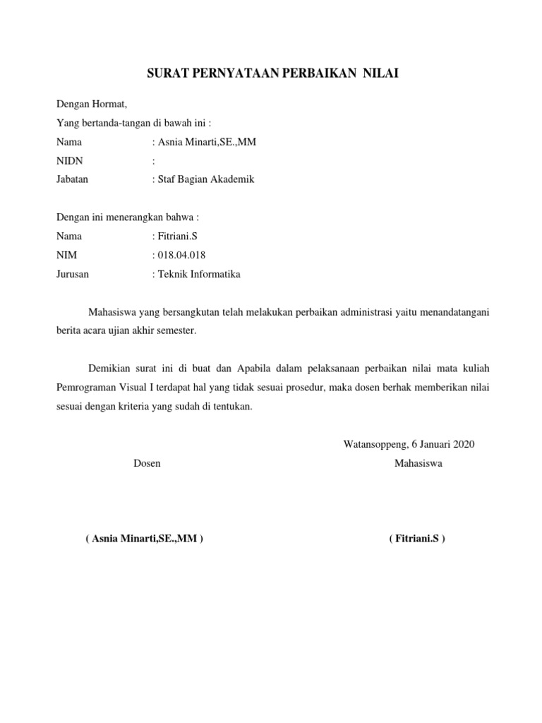 Surat Pernyataan Perbaikan Nilai Mahasiswa | PDF | Bisnis