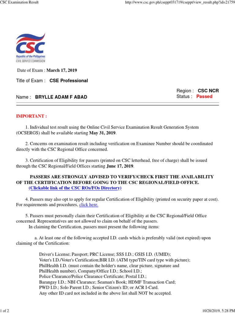 Brylle Adam F Abad Passes CSC Professional Examination on March 17 ...