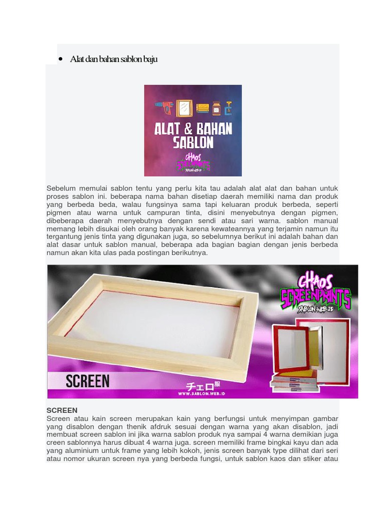 Alat Dan Bahan Sablon Manual Beserta Fungsinya Sablon | PDF