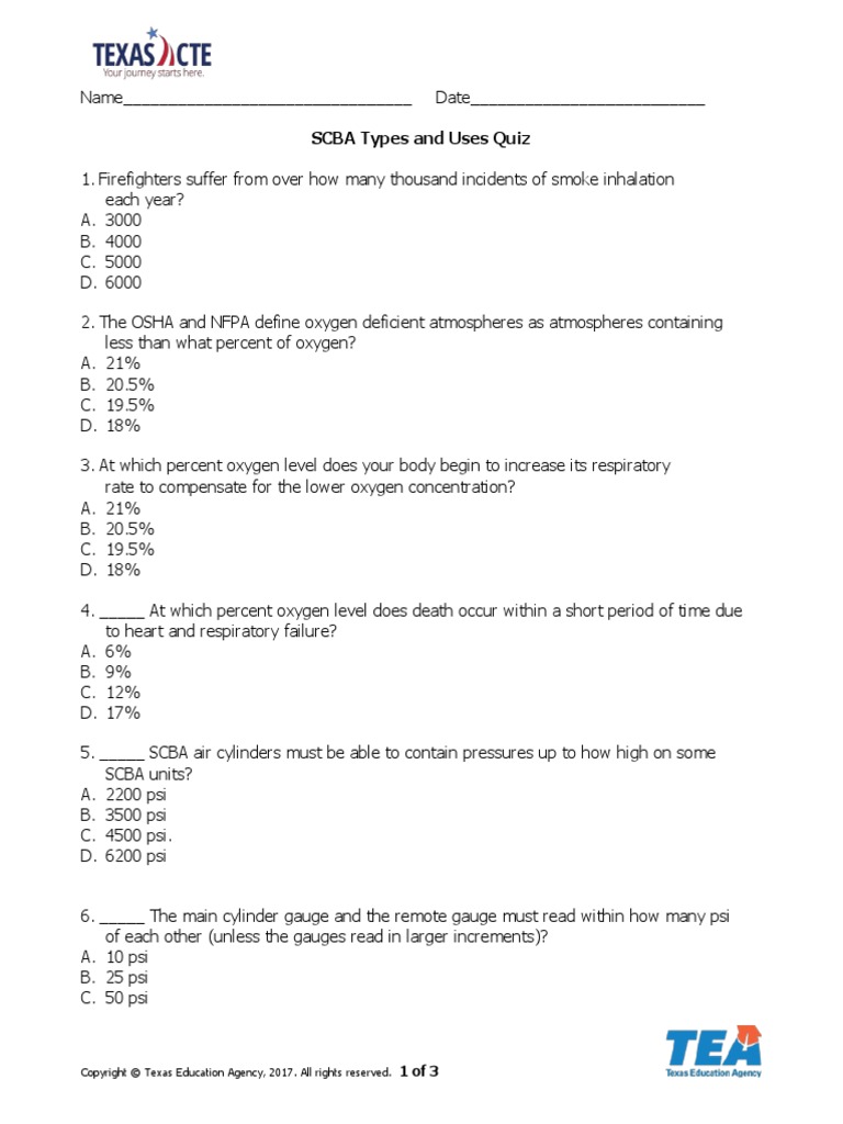 Quiz-SCBA Types and Uses | PDF | Respiration | Underwater Diving