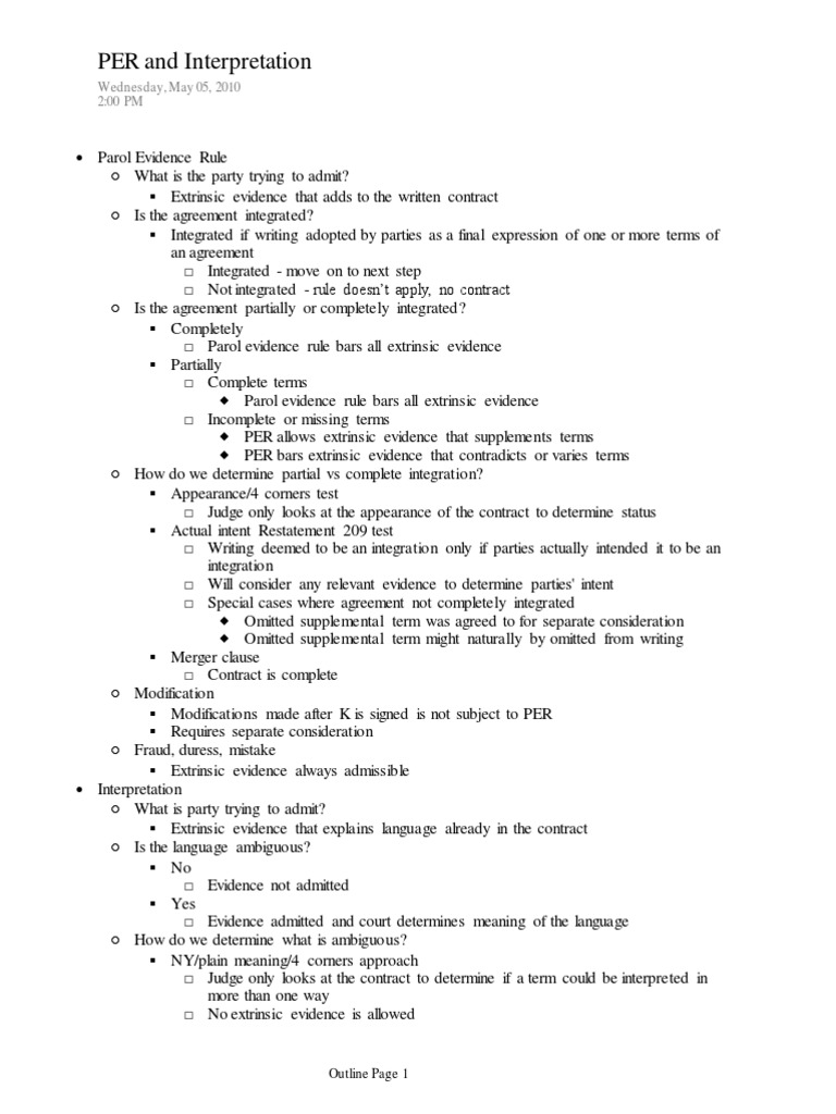 Parol Evidence Rule and Interpretation Attack Sheet | PDF | Parol ...