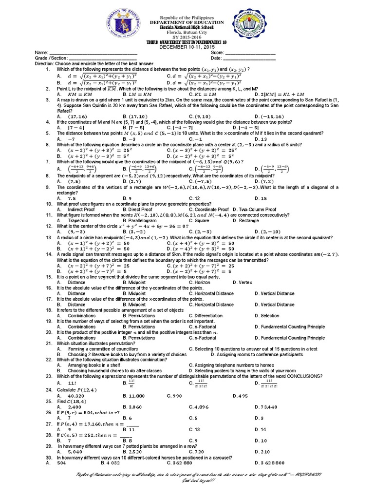 G10 Math 3RD QTR | PDF | Circle | Permutation