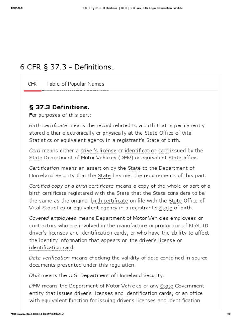 6 CFR 37.3 - Definitions. Legal Name Definied | PDF | Department Of ...