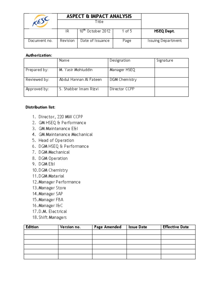 Environmental Aspect Impact Analysis | PDF | Environmental Impact Assessment | Pollution