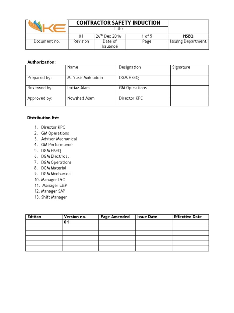 Contractor Safety Induction | PDF | General Contractor | Prevention