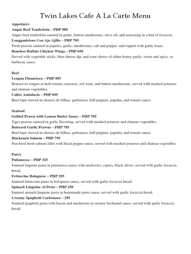 Twin Lakes Cafe A La Carte Menu | PDF | Salad | Food And Drink Preparation