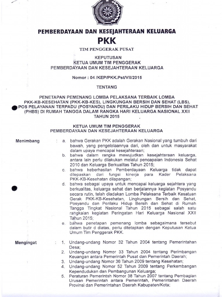 SK Penetapan Pemenang Lomba Pelaksana Terbaik Lomba Pkk-Kb-Kes, LBS, Posyandu - 962049 PDF | PDF