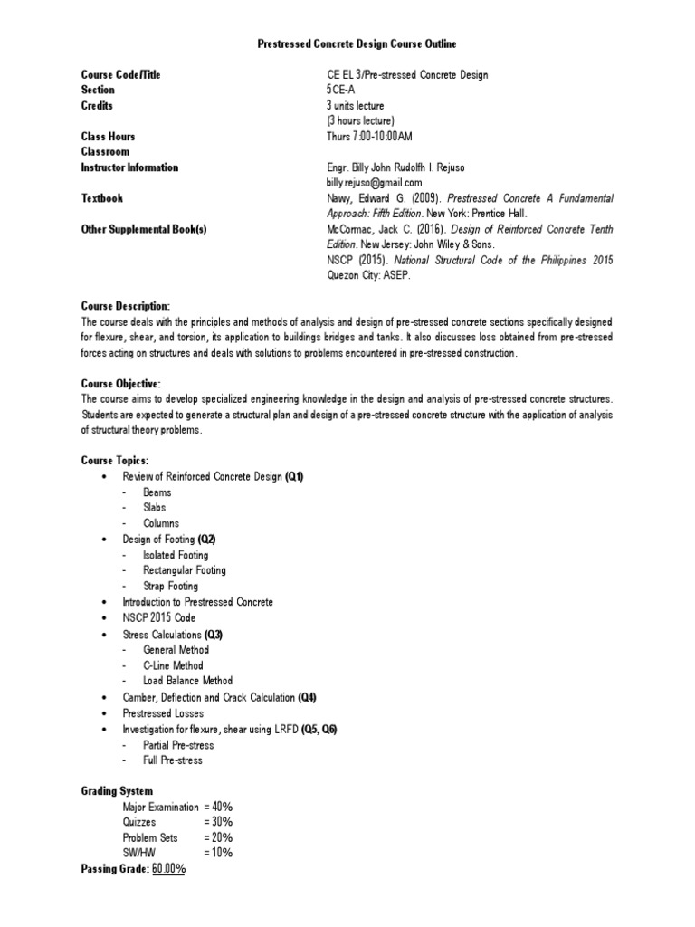 Prestressed Concrete Design Course Outline | PDF | Prestressed Concrete ...