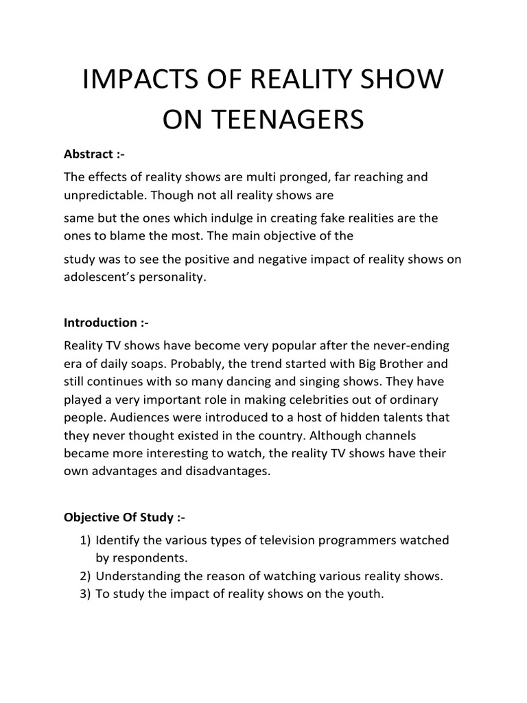 Impacts of Reality Show On Teenagers 0.1 | PDF | Reality Television ...