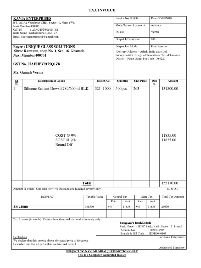 GST Invoice for Silicone Sealant 32141000 | PDF | Invoice | Services ...