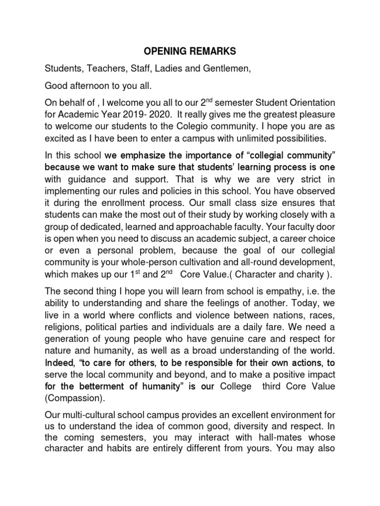 Welcome Speech Sample In College