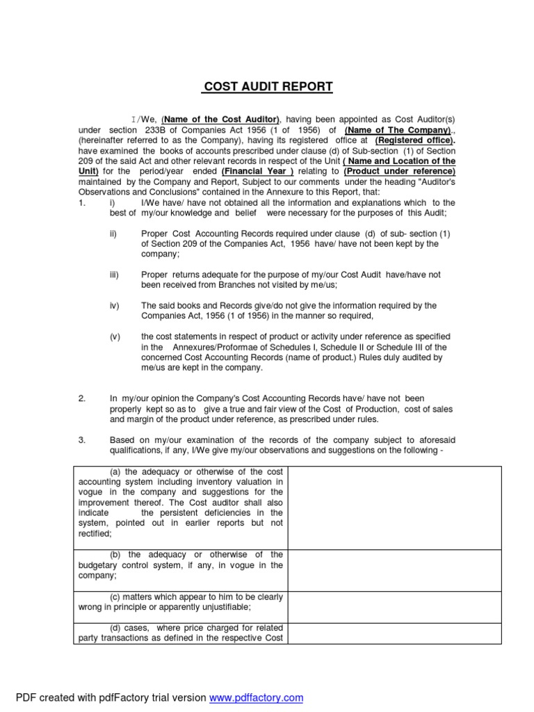 Cost Audit Report | PDF | Auditor's Report | Financial Audit