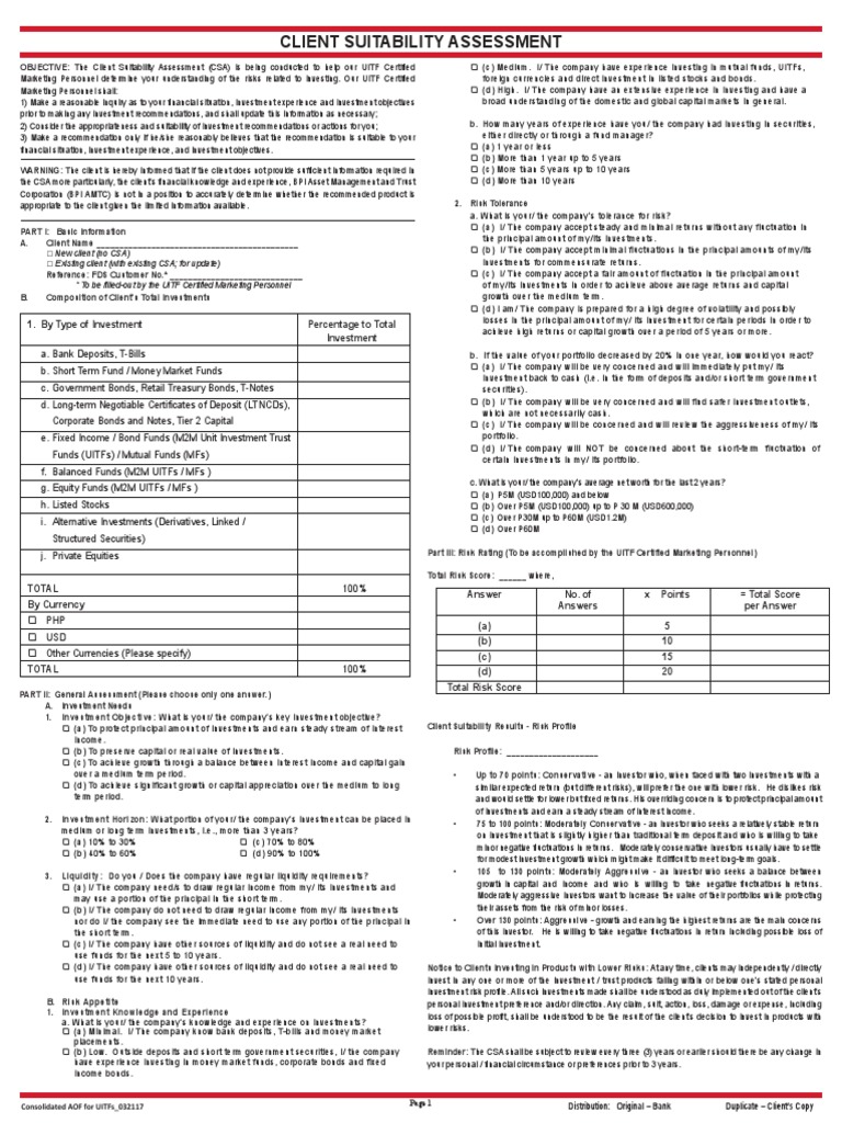 BPI UITF Client Suitability Assessment Form | PDF | Investment Fund ...