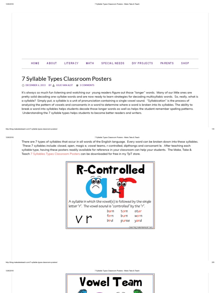7 Syllable Types Classroom Posters - Make Take & Teach | PDF | Syllable ...