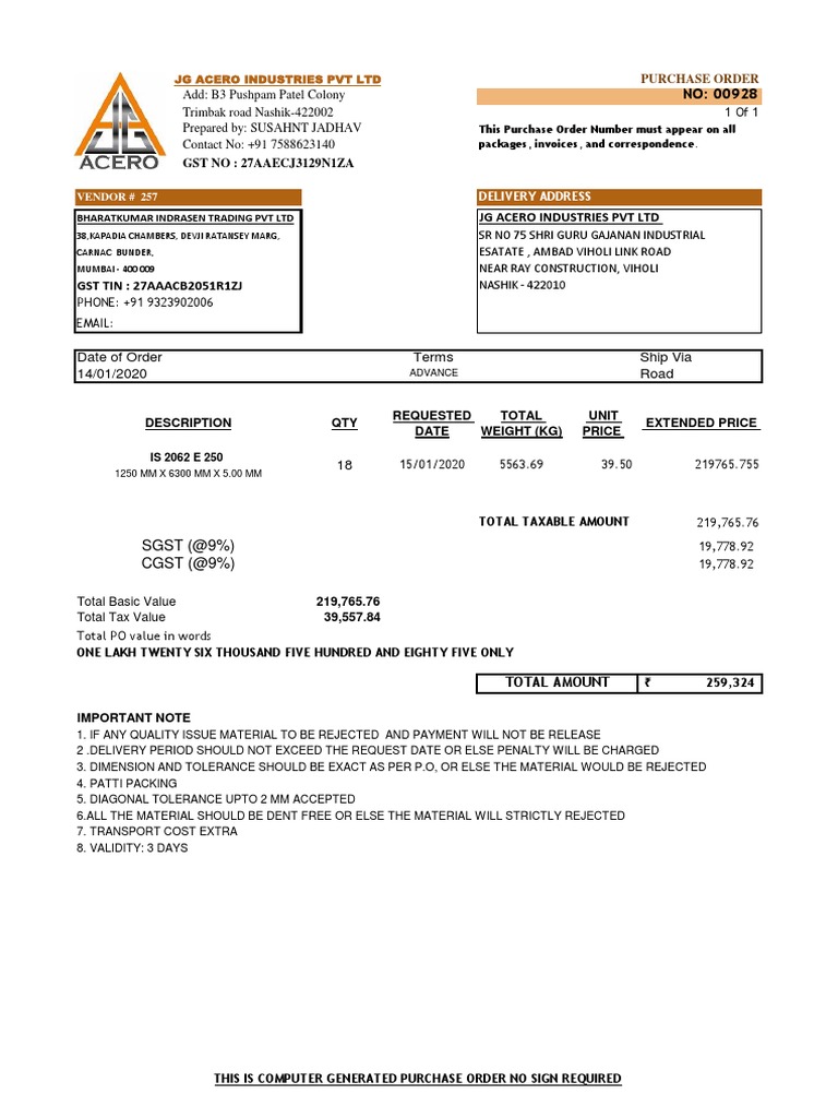 Po - 00928 - Bharatkumar Indrasen Trading PVT Ltd. | PDF | Conflict Of Interest | Taxes
