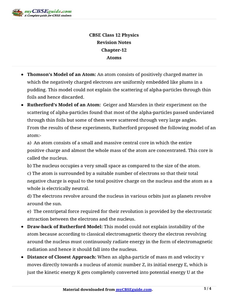 12 Physics Notes ch12 Atoms | PDF | Atomic Nucleus | Electron