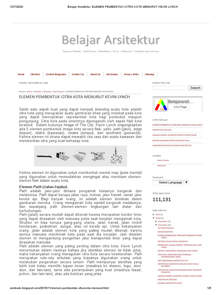 Belajar Arsitektur - ELEMEN PEMBENTUK CITRA KOTA MENURUT KEVIN LYNCH | PDF
