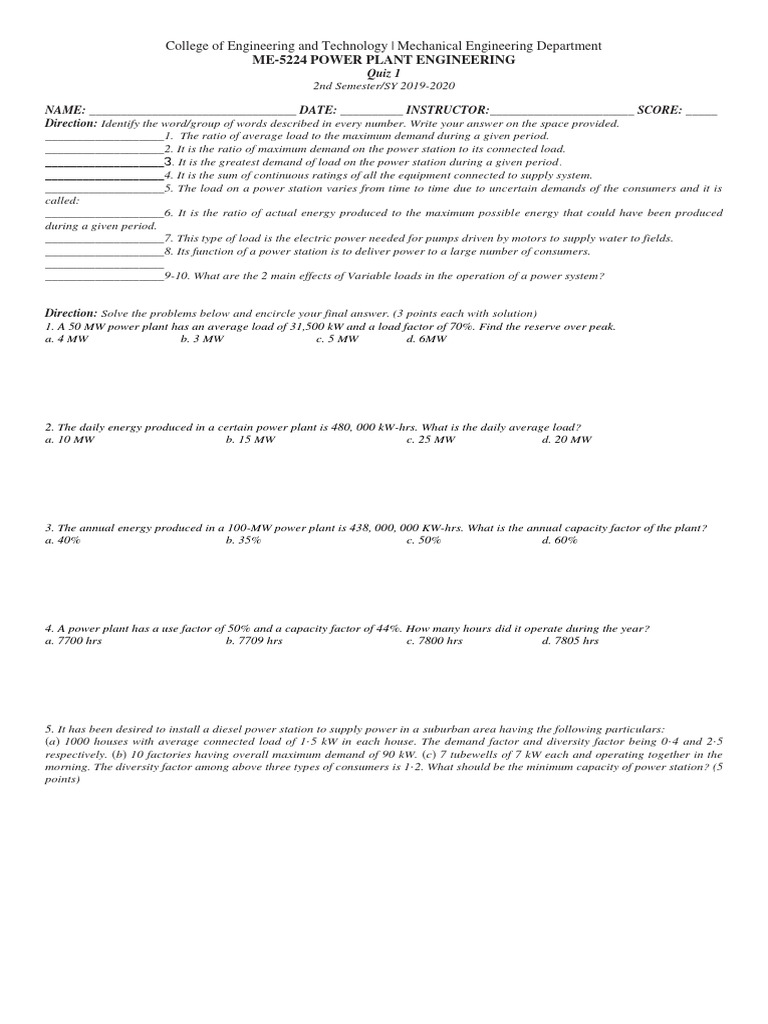 Variable Load Problems - KEY | PDF | Power Station | Watt